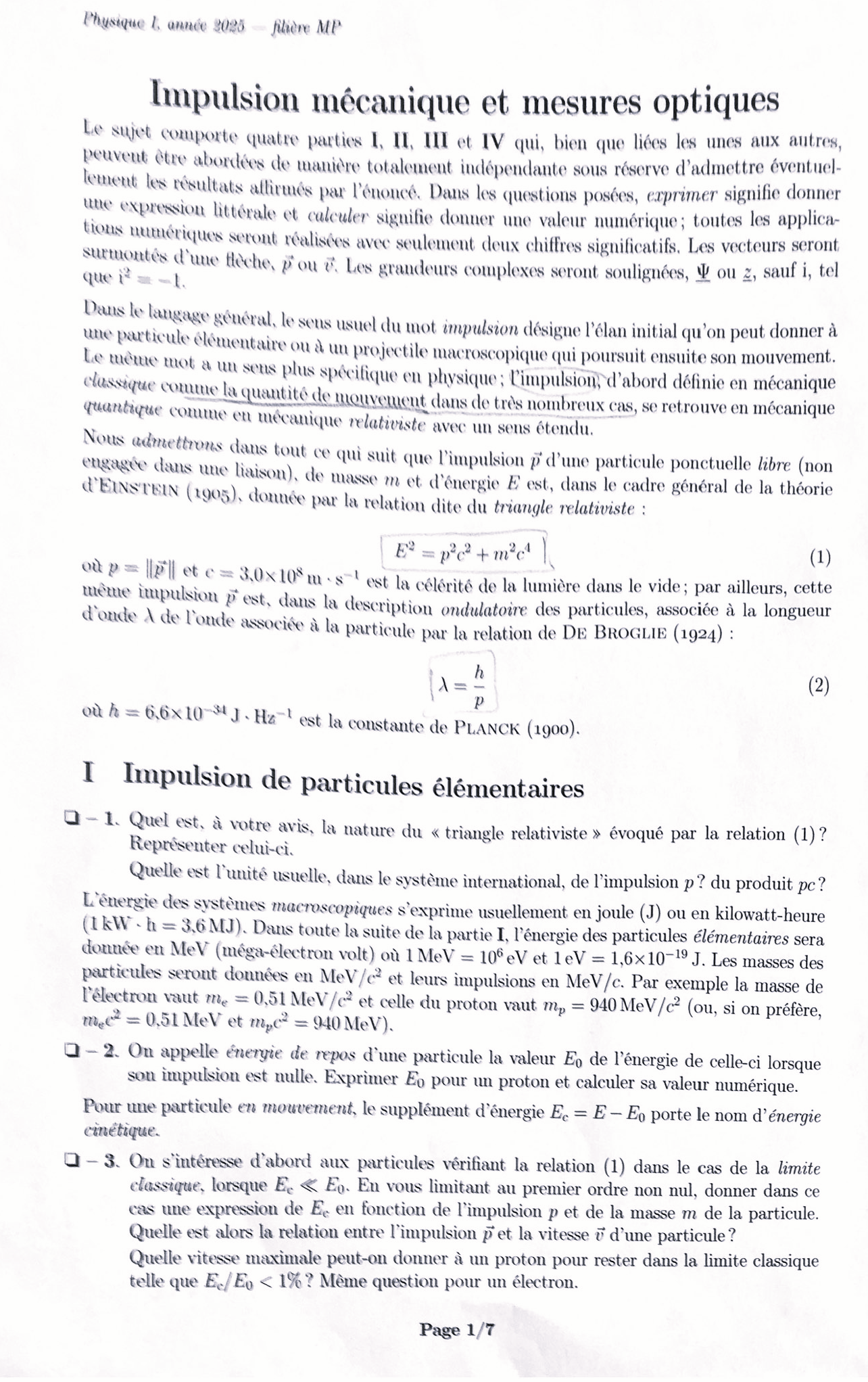 Concours Mines-Ponts : Physique 1 - Sujet 2025 MP - Génération Prépa