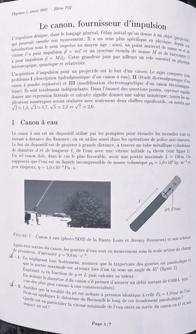 Concours Mines-Ponts : Physique 1 - Sujet 2025 PSI - Génération Prépa
